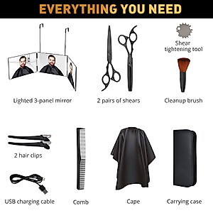 KKOCH BEAUTY 3 Way Mirror with LED Lights, Haircutting Kit, 360 Mirror for Braiding and Makeup, Mirror to See Back of Head, Self Cut for Men Women Kids