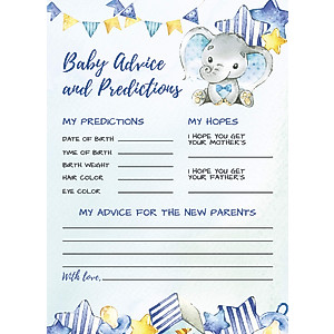 50 Deluxe Blue Elephant Advice and Prediction Cards- Large Double Sided 5 x 7 Inch for Baby Boy Shower Game, New Parent Message Book, Mom & Dad to Be, Decorations Activities Supplies Invitations