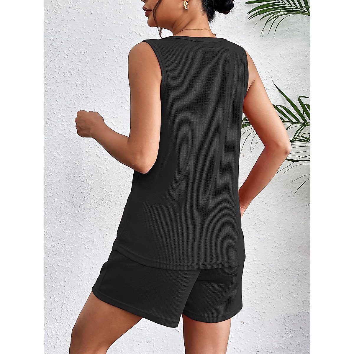 Ekouaer Pajamas Tank Top and Shorts Lounge Sets Waffle Knit V Neck Pj Short Sets Casual Outfits for Women Black X-Large