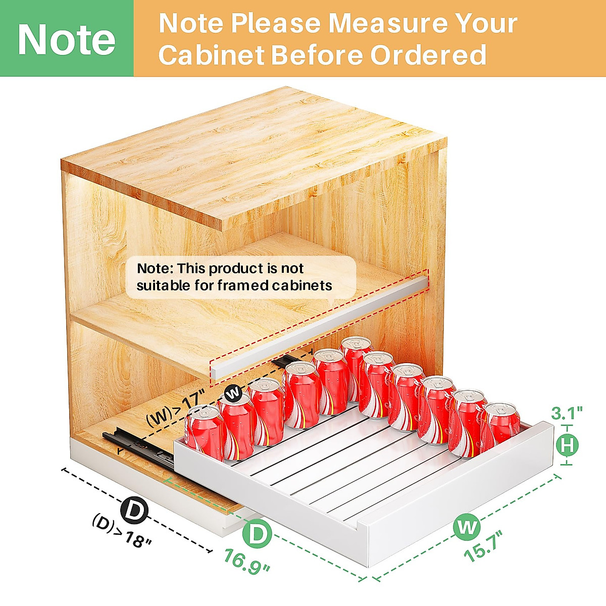 Pull Out Cabinet Organizer Fixed With Adhesive Nano Film,Heavy Duty Storage and Organization Slide Out Pantry Shelves Sliding Drawer Pantry Shelf for Kitchen 15.8"W x 16.9"D x 3.1"H(1PC)