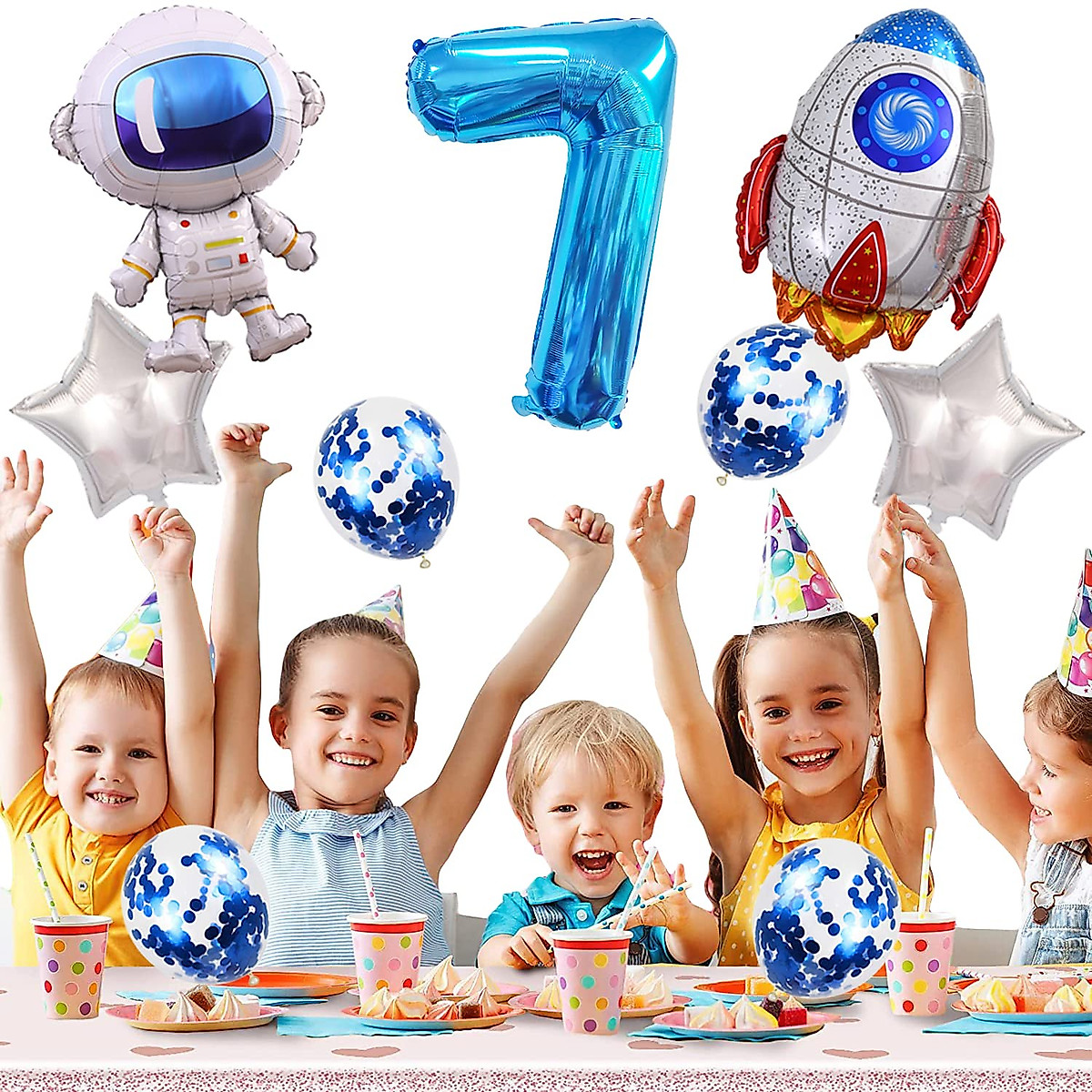 Kawailay Astronaut Rocket 7th Birthday Party Balloons Jumbo Spaceman Birthday Balloons Outer Space Theme Foil Balloons 32 Inch Blue Number 7 Helium Balloon for Birthday Party