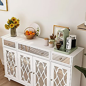 DiDuGo Sideboard with Glass Doors, Mirrored Storage Cabinet with 3 Drawers, Credenza Buffet with Wooden Legs, for Living Room Hallway White (55.1”W x 15.7”D x 35.4”H)