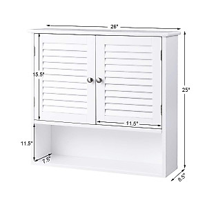 Tangkula Bathroom Wall Cabinet, Wooden Hanging Medicine Cabinet with Double Shutter Doors and Adjustable Shelf, Wall Mounted Bathroom Cabinet with Open Shelf, 26 x 8.5 x 25 Inches, White