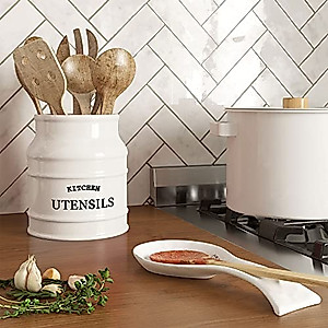 Barnyard Designs Ceramic Farmhouse Kitchen Utensil Holder for Countertop, Decorative Kitchen Utensil Holder, Large Kitchen Utensil Holder for Kitchen Counter, Utensil Crock Spatula Holder, 6.75" White