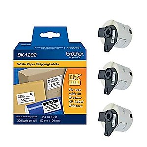 Brother Genuine DK-1202 3-Pack Die-Cut White Paper Shipping Labels for QL Printers, 2.4" x 3.9" (62mm x 100mm) Individual Label Size, 900 Total Labels