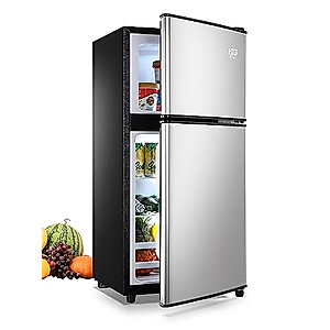 KRIB BLING Mini Fridge With Freezer,3.5 Cu. Ft Compact Refrigerator With 2 Doors,7- Level Adjustable Thermostat, Removable Glass Shelves For Bedroom, Office, Kitchen, Apartment, Dorm, Silver