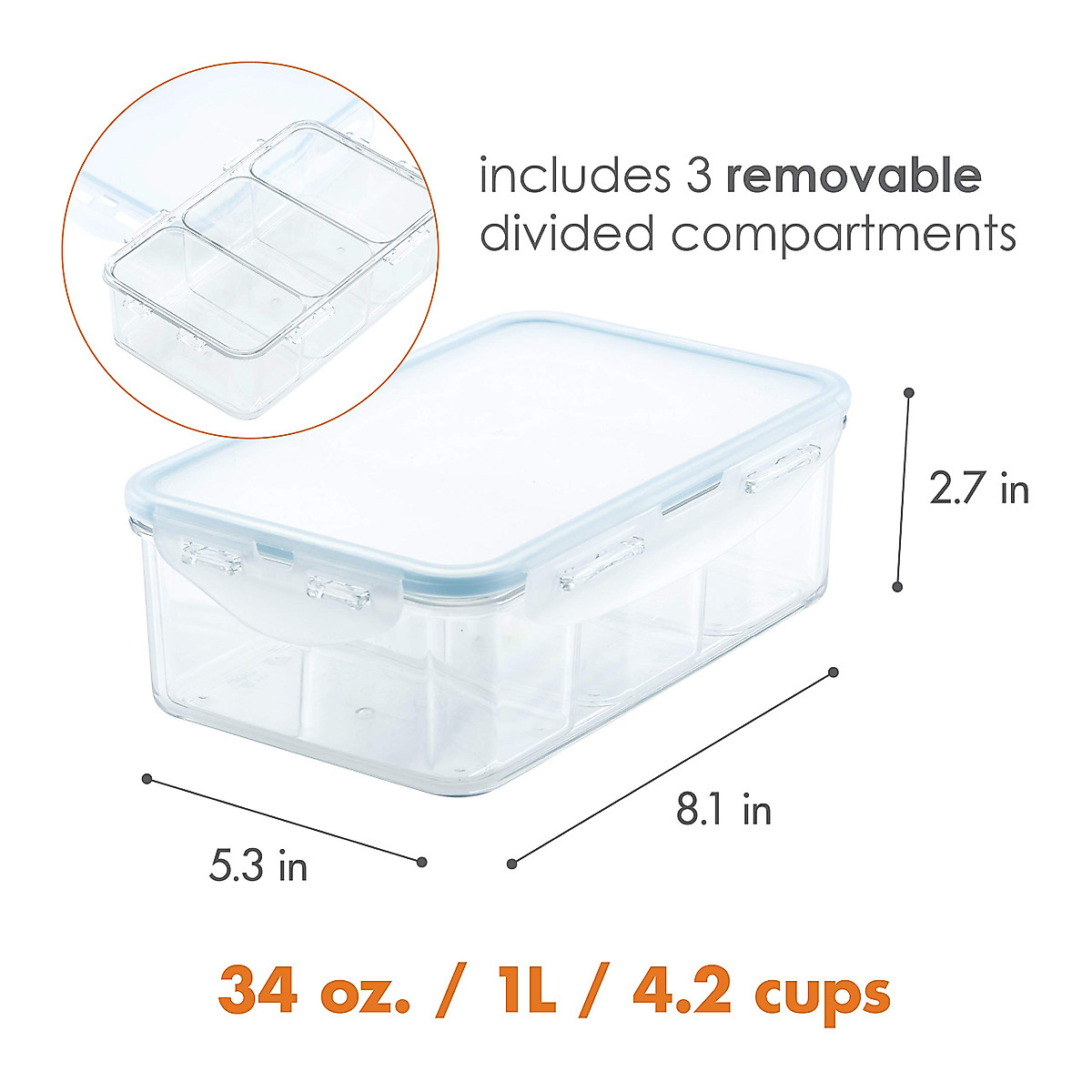 LOCK & LOCK Purely Better Tritan Container/Rectangle Food Storage Bin with Divider, 34 Ounce, Clear