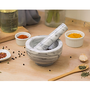 HIC Kitchen Mortar and Pestle Spice Herb Grinder Pill Crusher Set, Solid Fine-Quality Carrara Marble