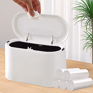 Mini Trash Can with Lid, Desktop Small Trash Can, Removable Small Garbage Can, Pop Up Countertop Wastebasket for Bathroom,Office,Kitchen,Desk,Car, Free 5 roll Bags