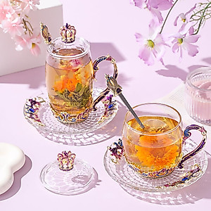 LANTREE Glass Tea Cup with Lid Crown Coffee Mug with Spoon Fancy Tea Cup Antique Gifts for Women Mother's Day Birthday Valentines Day Gift(11oz Crown)