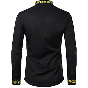 ZEROYAA Men's Luxury Gold Embroidery Design Slim Fit Long Sleeve Button Up Dress Shirts ZHCL44-Black Medium