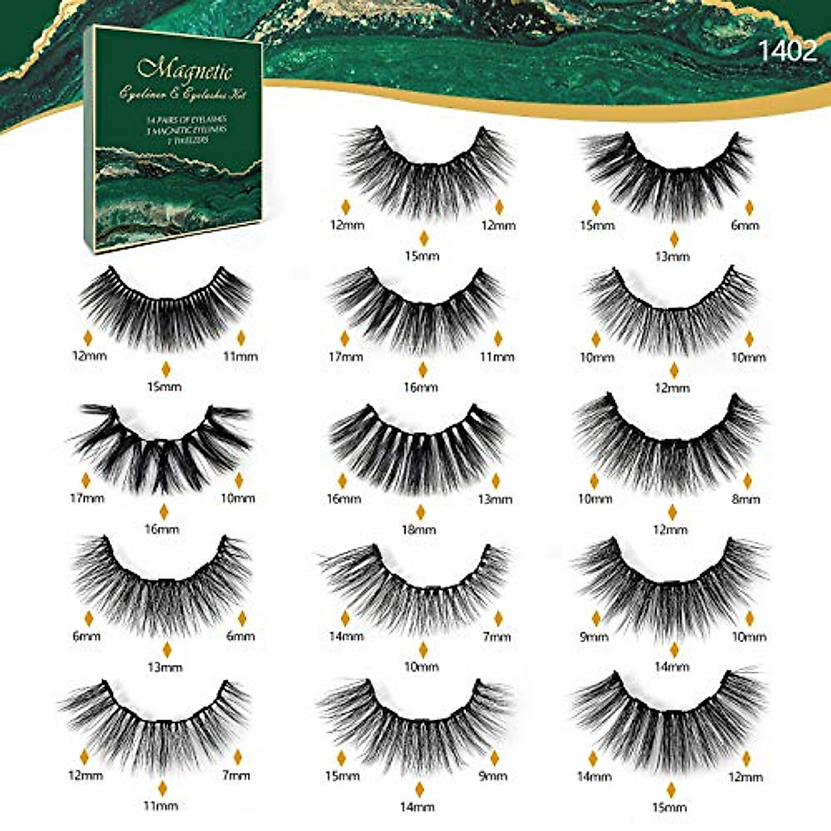 Rechoo Magnetic False Eyelashes Kit- 14 Pairs Different Magnetic Lashes Natural Look with 3 Eyeliners, Reusable 3D Black False Eyelashes with Applicator and Tweezers for Daily Eyelash Extension