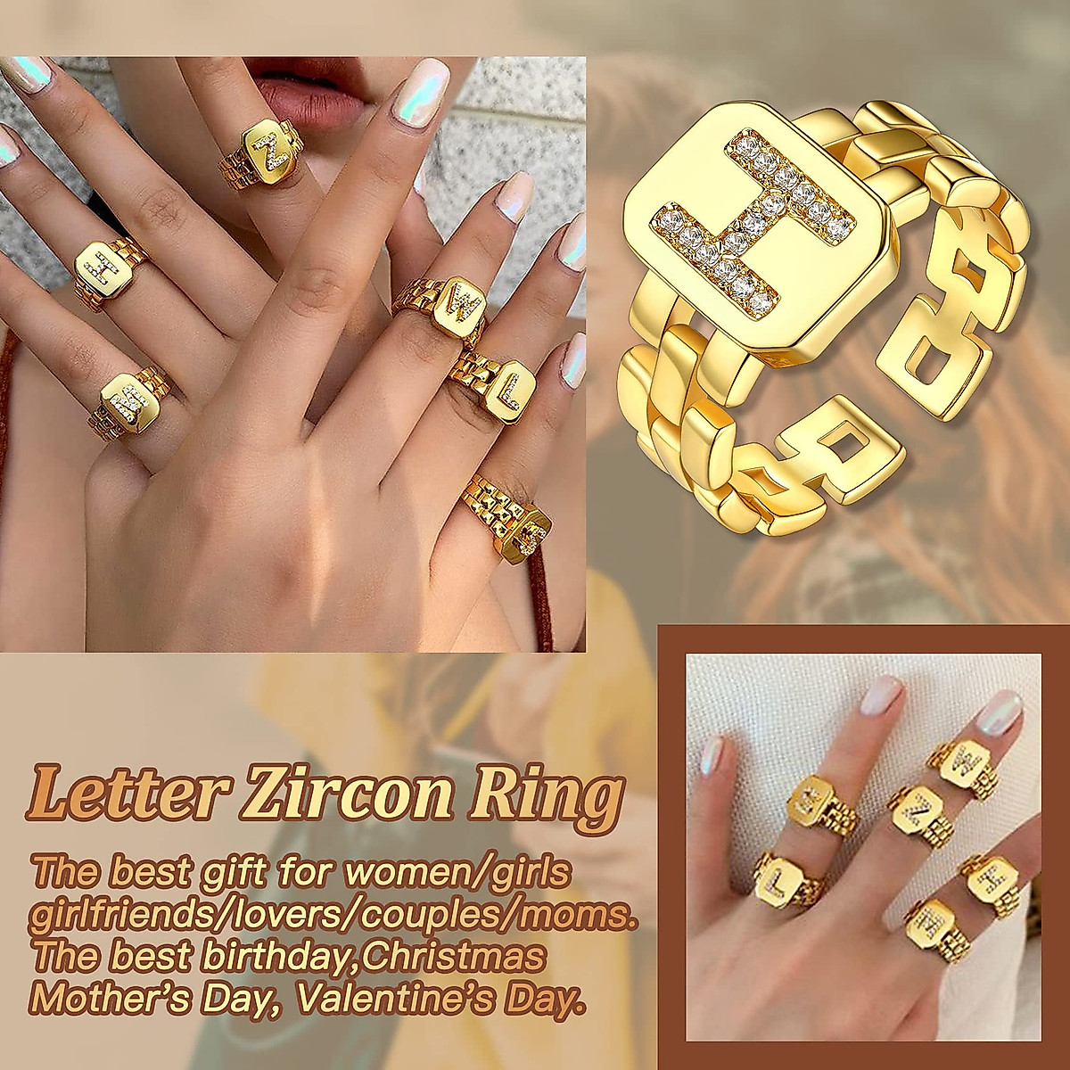 Bestyle Gold Cuban Chain Initial Ring Adjustable Fashion Signet Rings for Women Alphabet Letter E Resizable Knuckle Open Ring, Stackable Rings Fit #6-#12