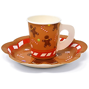 Gift Boutique 24 Disposable Christmas Gingerbread Party Cup 7 Oz 24 & 7" Paper Scallop Shaped Saucer Plates Set with Handle for Tea Hot Cocoa Chocolate Coffee Mugs Holiday Xmas Table Dinnerware Suppy
