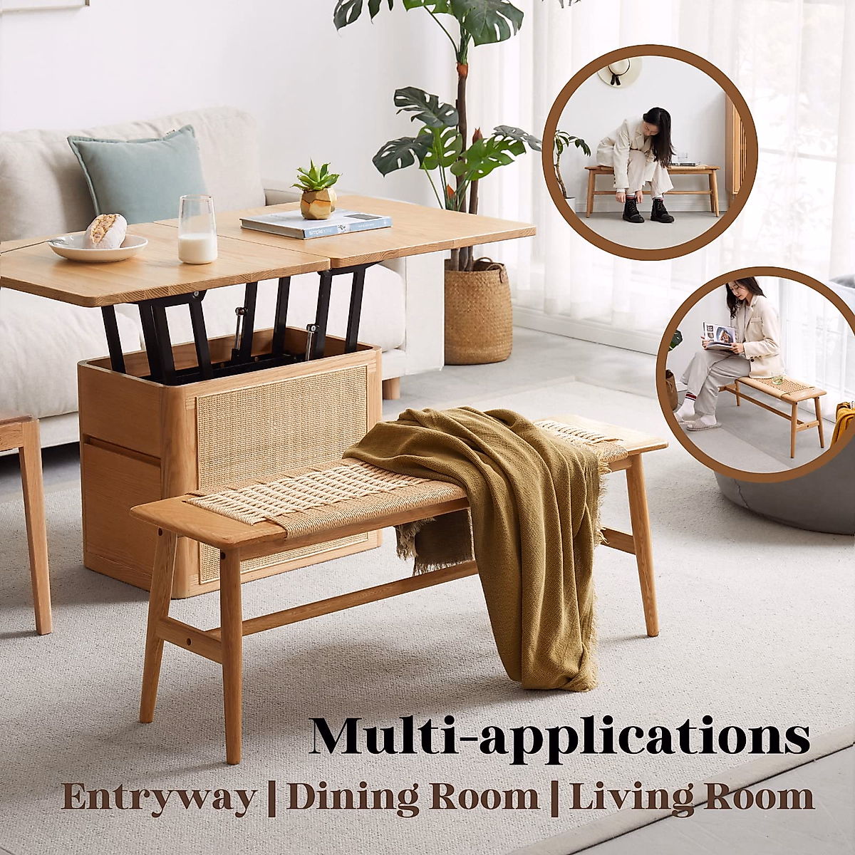 Hymus 32" L 100% FAS Oak Wooden Bench Indoor - Solid Wood Rope Woven Entryway Bench, Dining Bench, Boho Furniture for Entryway, Dining Room, Bedroom, Kitchen (Natural)