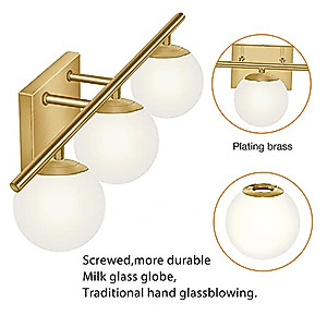 YHTlaeh New Bathroom Vanity Light 3 Lights Fixtures Brushed Brass Milk White Globe Glass Shade Modern Wall Bar Sconce Over Mirror (Exclude G9 Bulb)