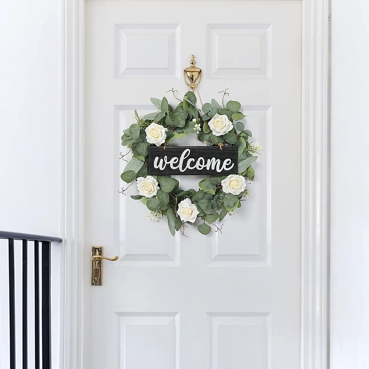 Dremisland Welcome Wreath for Front Door,18 Inch Artificial Rose Eucalyptus Leaves Wreath,Floral Garland Wreath for Window Garden Festival Celebration Wedding Home Decor (Black)