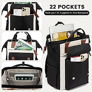 LOVEVOOK Laptop Backpack For Women Work Travel Backpack Purse, Nurse Bag College Backpack, Teacher Doctor Business Laptop Bag, Waterproof Wide Open Computer Back pack, 15.6 Inch, Black-Beige-Brown