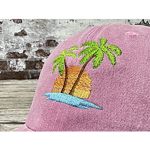 Hepandy Embroidered Palm Tree Hat for Women, Washed Pink Baseball Cap Snapback Hat for Girls, Outdoor Travel Denim Dad Hat Trucker Hat