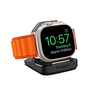Spigen Rugged Armor Stand Designed for Apple Watch Charger Stand Compatible with Ultra 2/1 49mm, Series 10 46/42mm, 9/8/7 45/41mm, SE2/SE/6/5/4 44/40mm Durable TPU with Non-Slip Stable Base - Black