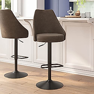 Flash Furniture Chrishelle Set of 2 Commercial Adjustable Height Bar Stools - Brown LeatherSoft Tufted Upholstery - Pedestal Base - Integrated Footring