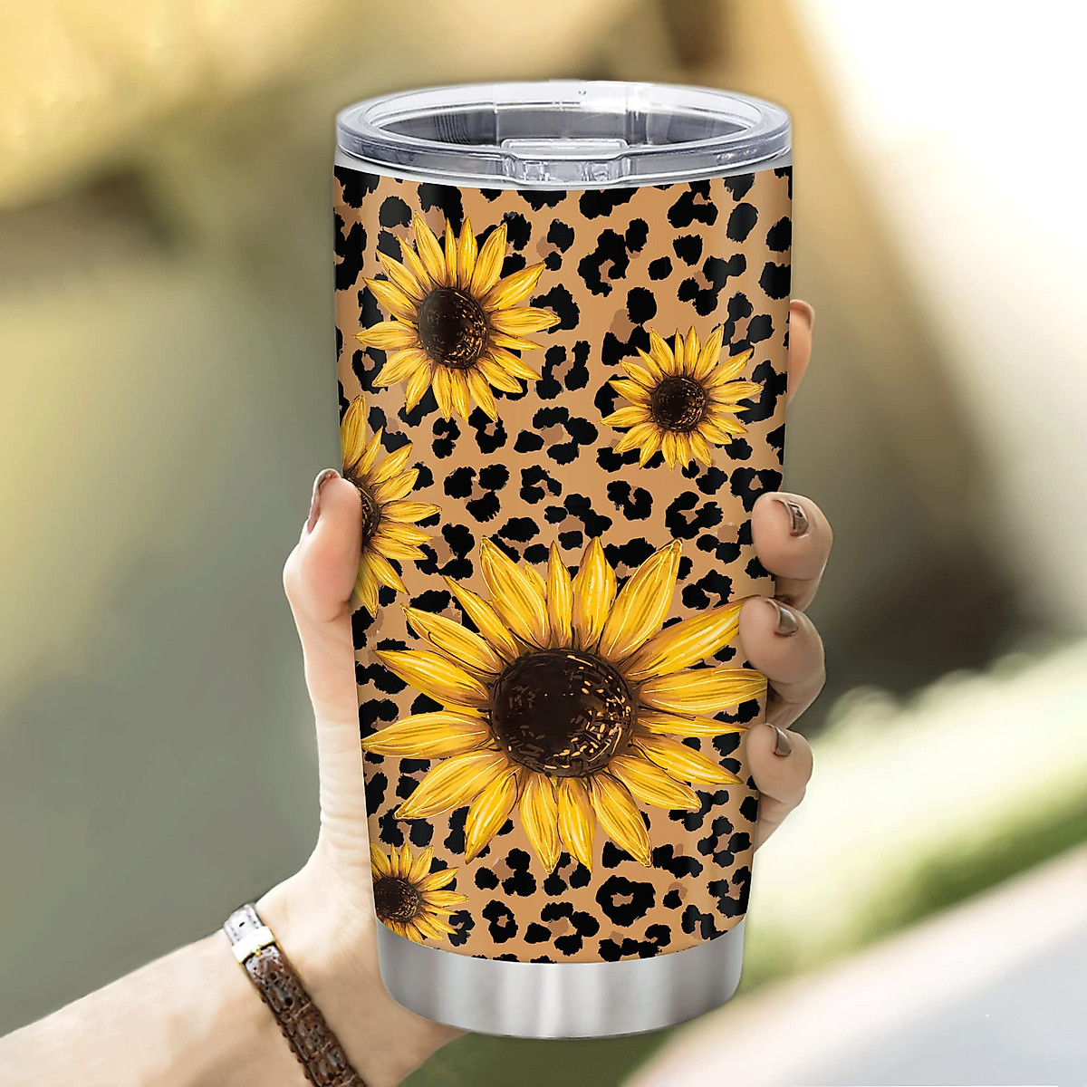 Hyturtle Personalized Gifts For Sunflower Lover - Sunflower Leopard Prints Custom Name Stainless Steel Tumbler 20oz With Lid - Idea Floral Lover Gifts For Women Girl On Birthday, Christmas