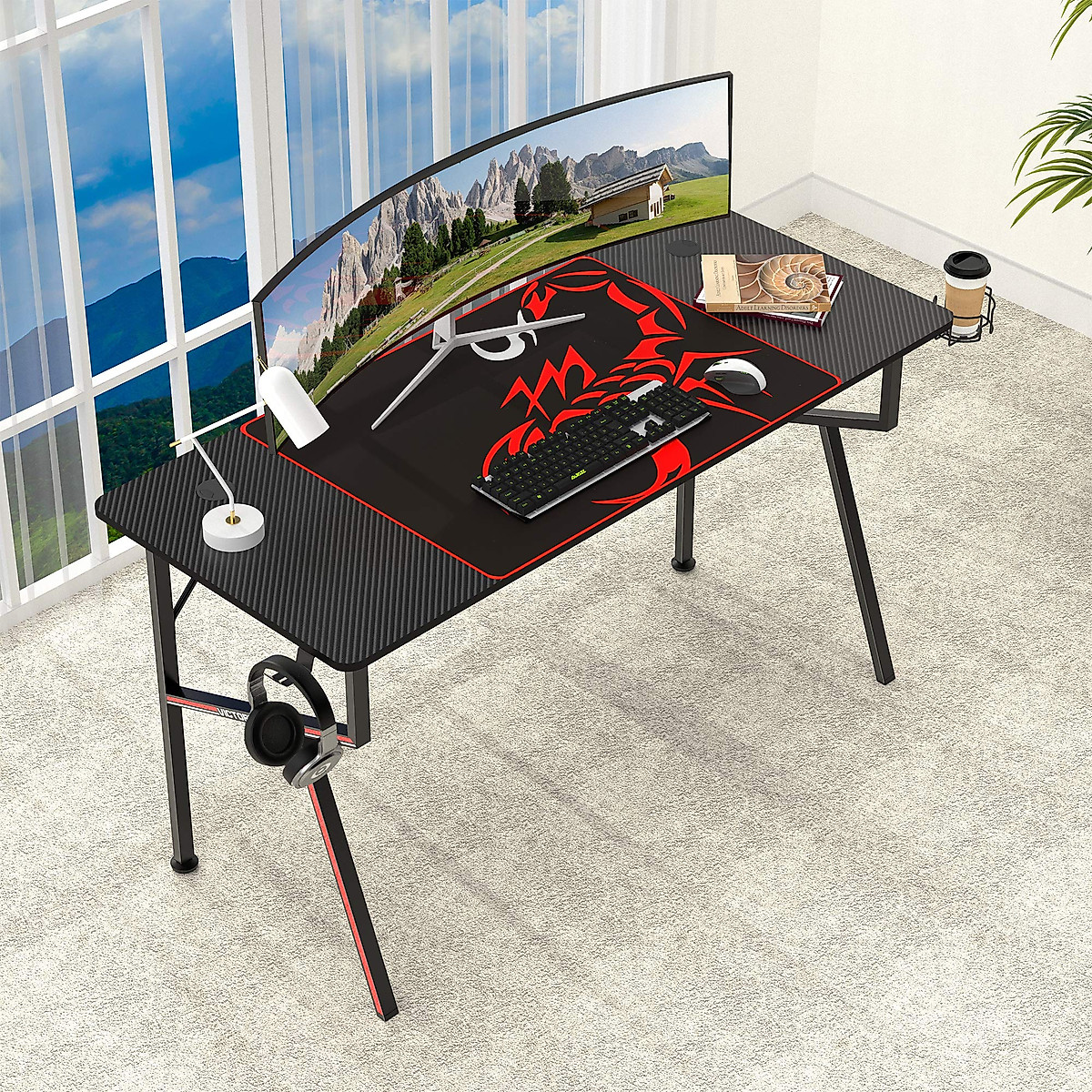 EE EUREKA ERGONOMIC Gaming Desk 47 Inch, Small Gaming Computer Desk Table for Small Space Gamer Desk with Mouse Pad Headset Hook Cup Holder Controller Stand, Black