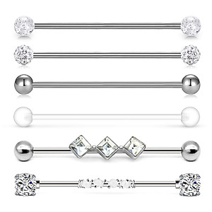 Incaton 14g Industrial Barbell Surgical Steel Cartilage Earrings CZ Industrial Earring Crystal Ferido Industrail Piercing 1 1/2"(38mm) Bar Length