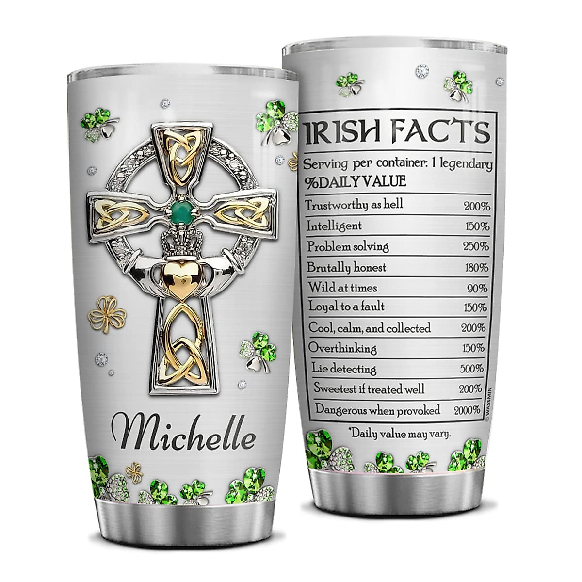 Wassmin Personalized St Patricks Day Tumbler Irish Fact Celtic Cross Jewelry Drawing Stainless Steel Tumbler 20 Oz 30 Oz with Lid Travel Mug Saint Paddy's Day Gifts for Irish Women Men Family Friends