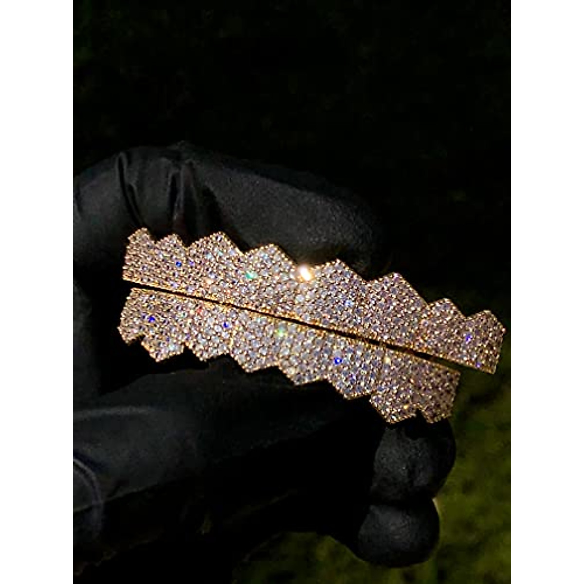 Shop-iGold 14k Gold Plated Iced Out Bling Gold Grillz for Mouth Top Bottom Hip Hop , 8 Teeth Grills for Teeth Mouth Set