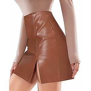 MANGOPOP Womens High Waist Bodycon Mini Short Faux Leather Skirt with Slit (Brown (Snakeskin),Small)