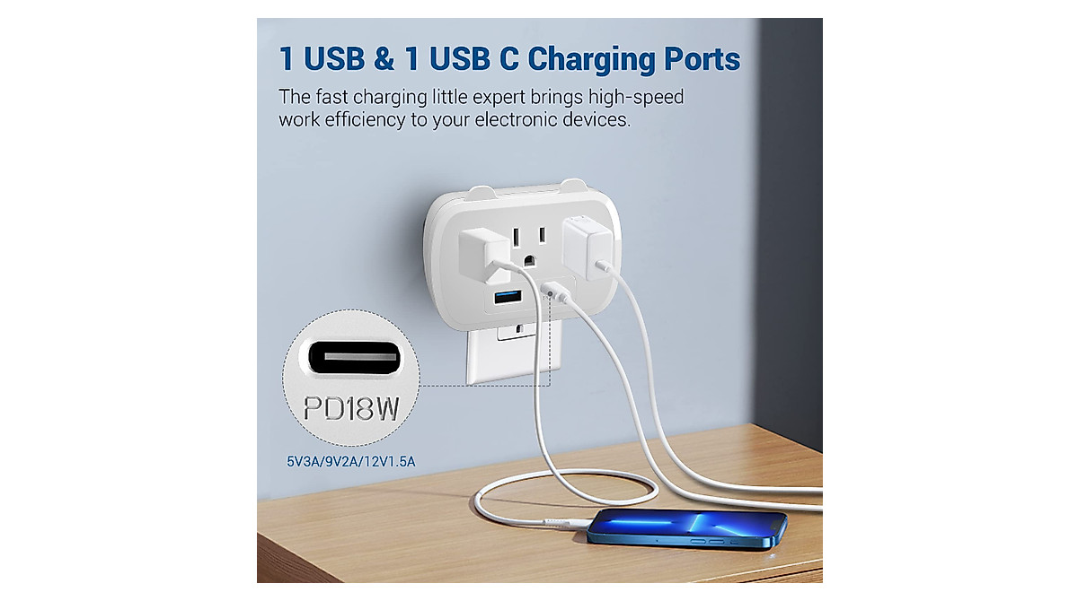 Outlet Extender with USB C, Multi Plug Outlet Adapter with 3 AC Outlets ...