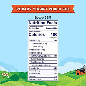 Stonyfield Organic YoBaby Whole Milk Banana & Oat Yogurt Pouches for Babies 6 Months & Older, 3.4 oz., 4 Ct