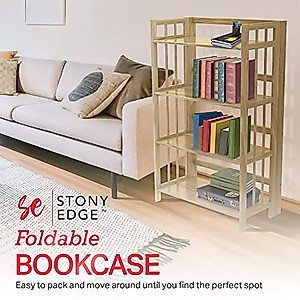 STONY EDGE 4-Tier Folding Bookshelf | Natural Wood Finish | 45x32x11.5 Inches | Book Shelf for Books and Trinkets | No Assembly Required | Foldable & Small Bookshelf for Home and Office