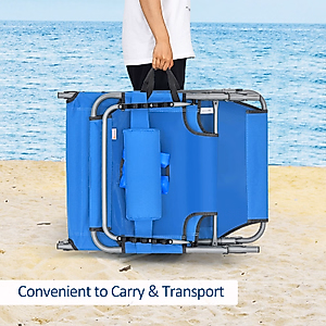 Giantex Lounge Chair Outdoor, Tanning Chair, Folding Beach Chair with Face Arm Hole, Washable Pillow, Side Pocket, Carry Handle, Adjustable Pool Lounger for Patio, Lawn, Lounge Chair Outside, Blue