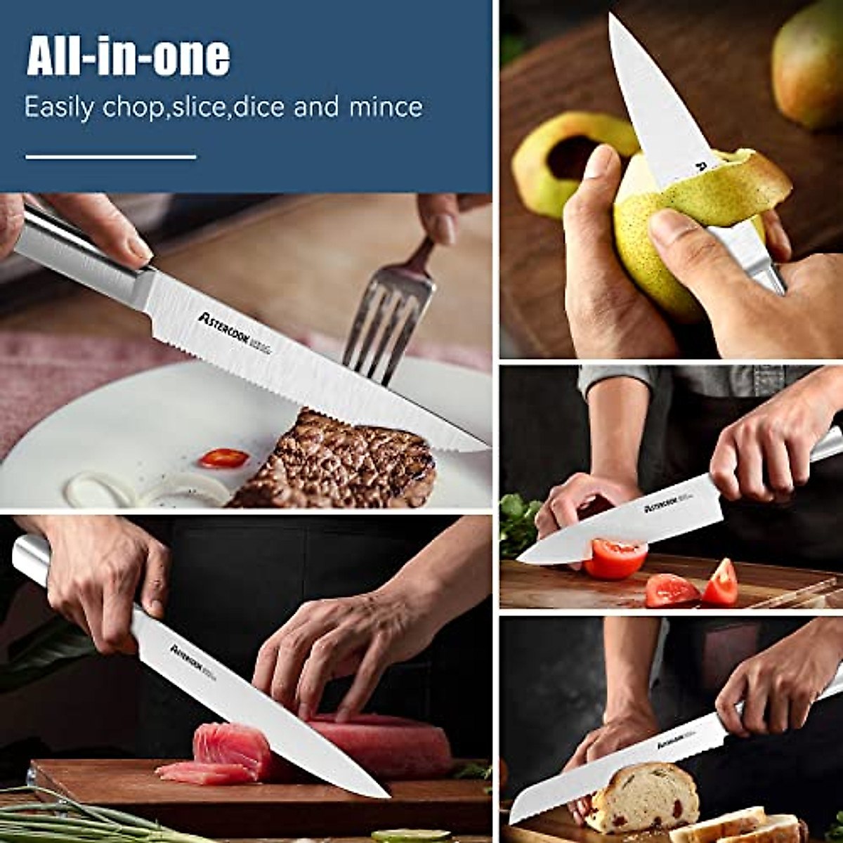 Knife Set, 15 Pieces Chef Knife Set with Block for Kitchen, German Stainless Steel Knife Block Set, Dishwasher Safe, Best Gifts, Silver Knives & Elegant Black Holder