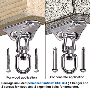 SELEWARE Innovative 1000 lb Capacity Permanent Antirust SUS304 360° Rotate Swing Hanger Suspension Hooks with Bolt for Concrete Wooden Sets Playground Porch Indoor Outdoor Seat, Gym