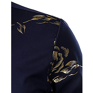 ZEROYAA Men's 3D Golden Rose Printed Slim Fit Long Sleeve Button Down Floral Dress Shirts ZZCL30 Navy Blue Small