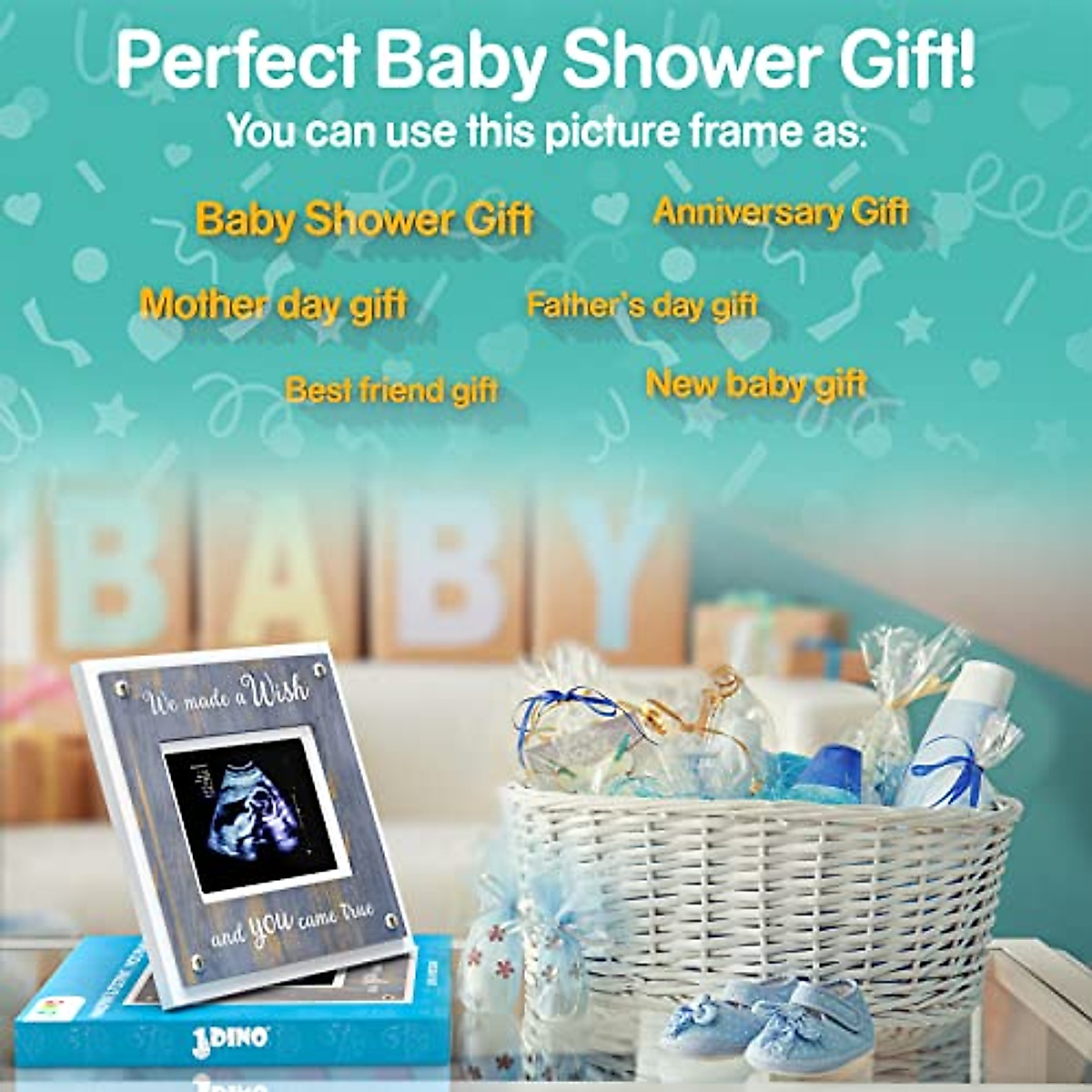 1Dino Premium Baby Sonogram Keepsake Picture Frame, Ultrasound Frame - 8.5" x 8.5" White/Grey Wood Photo Frame - Gift Idea for Expecting Parents, Baby Shower, First Time Mom/Dad Gifts, Nursery Decor