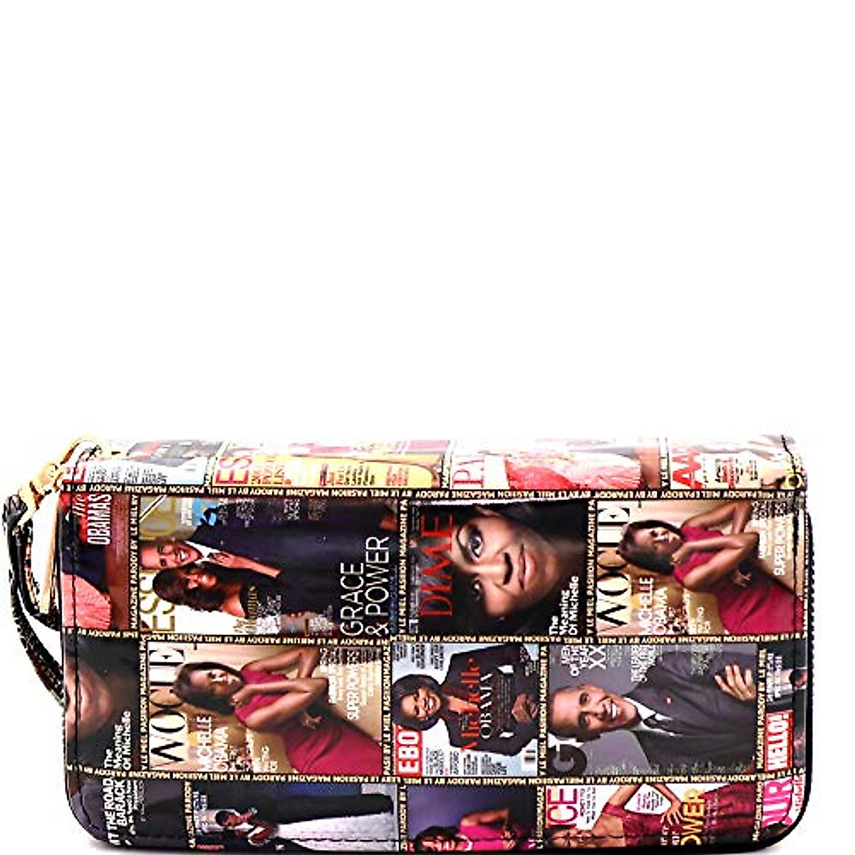 Michelle Obama Magazine Print Double Zipper Single Zipper Patent Wristlet Wallet Cellphone Wallet Roomy Wrist Wallet
