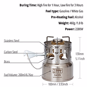 IWALKER G43S Portable Camping Backpacking Stove | Outdoor Gasoline Stove Silent Burner| With Spare Valve Parts BURNER JET NOZZLE NEEDLE for Hiking Travel Picnic Emergency