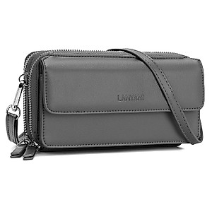 Women Crossbody Wallet Purse, Small Phone Bag With Shoulder Strap, RFID Wristlet Cross Body Mini Handbag Lightweight PU Leather Grey