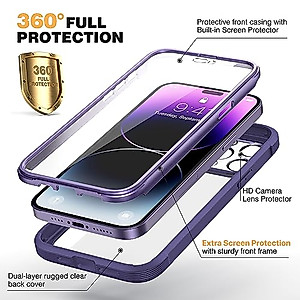Diaclara Designed for iPhone 14 Pro Max Case 6.7 Inch with Screen Protector Touch Sensitive, [2023 Upgraded] 360 Full Body Bumper Cover+9H Glass Camera Lens Protector (Royal Purple)