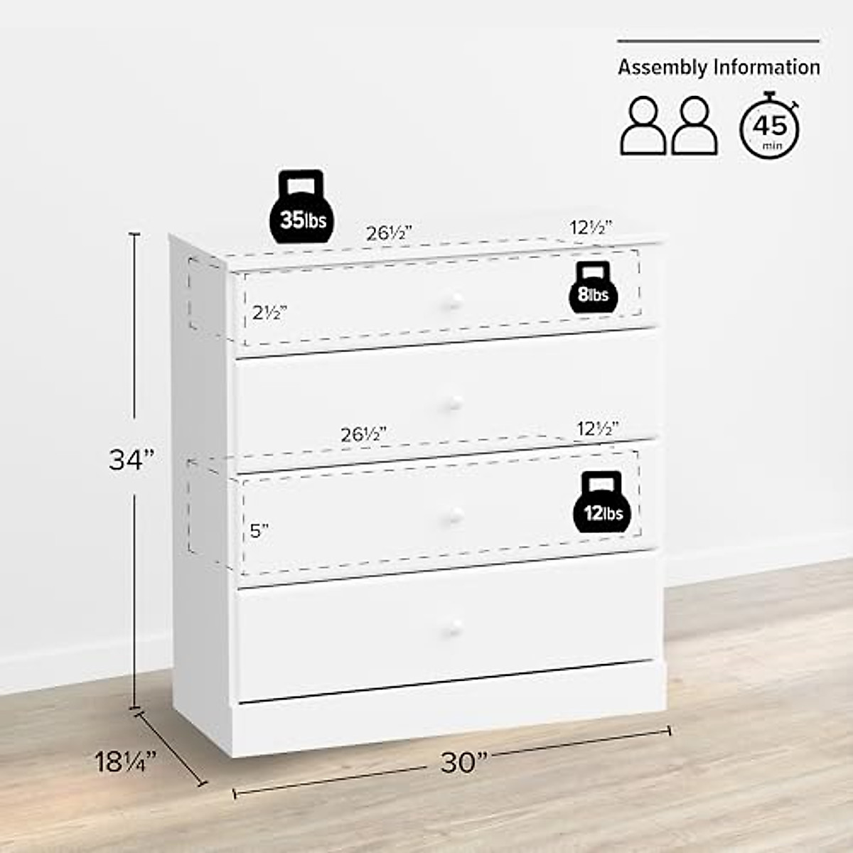 Prepac Astrid Simplistic 4-Drawer Dresser for Bedroom, Functional Bedroom Dresser Chest of Drawers 18.25" D x 30" W x 34" H, White, WDBR-0401-1