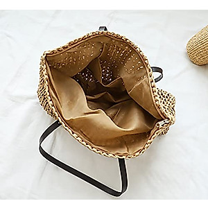 Vgift Beach Bags for Women, Large Straw Tote with Zipper for Summer, Khaki