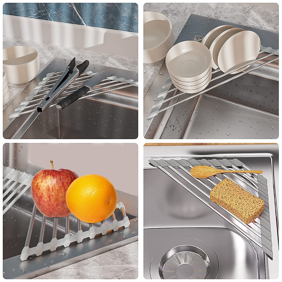 TPMXEMR Roll Up Dish Drying Rack, Over The Sink Dish Drying Rack Heat-Resistant Anti-Slip, 20.5" L x 13.1" W Heavy Duty Silicone Wrapped Steel Rods Dish Drying Rack for Kitchen Counter