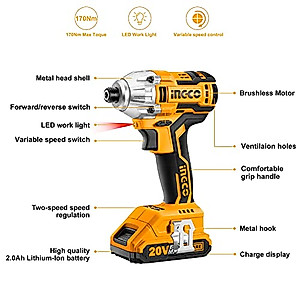 INGCO 20V Cordless Impact Driver Set, 1/4 Inch Brushless Impact Driver with 2pcs Batteries 1pc Hour Fast Charger 3pcs Sockets 1pc Bag CIRLI2002A