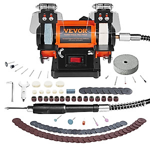 VEVOR Bench Buffer Polisher, Bench Buffer Grinder Polishing & Buffing Machine for Metal/Jewelry/Wood/Jade/Plastic/Silver DIY, with Wool/Abrasive Fiber Wheel/Grinding Wheel,100pcs Tools, 3590RPM