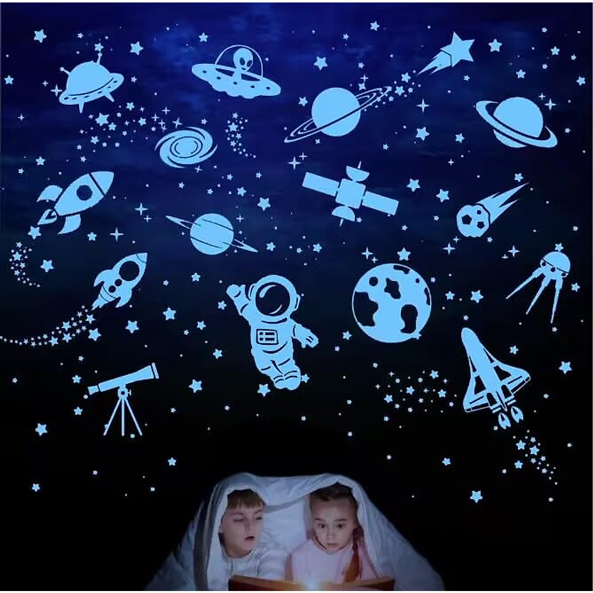 Glow in The Dark Stars Space Wall Decals Ceiling Stars Glow in The Dark Astronaut Universe Galaxy Planet Wall Stickers Glowing Stars for Bedroom Living Room Decor Christmas Gift Stocking Stuffers