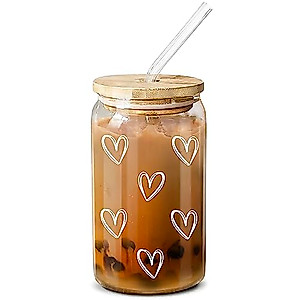 NewEleven Cute Glass Coffee Cups With Lids And Straw – Aesthetic Cups – Iced Coffee Cup, Coffee Tumbler, Glass Tumbler – Christmas Gifts For Women, Coffee Lover - 16 Oz Coffee Glass